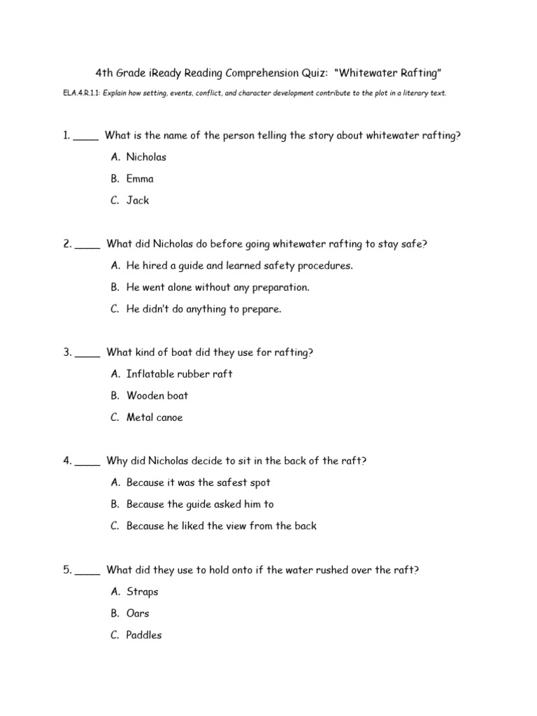 4Th Grade Iready Reading Comprehension Quiz: "Whitewater Rafting" | PDF