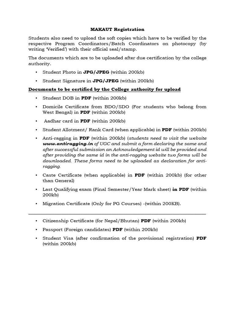 MAKAUT Registration - Document Requirement | PDF