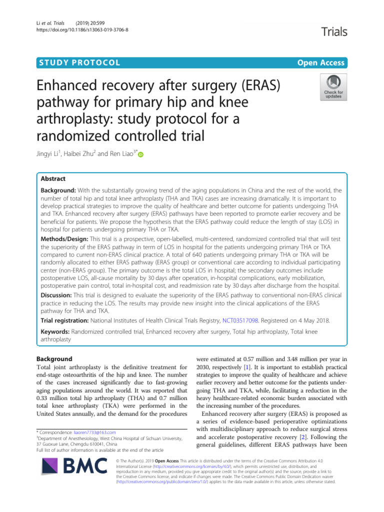 Enhanced Recovery After Surgery (ERAS) Pathway For Primary Hip and Knee ...