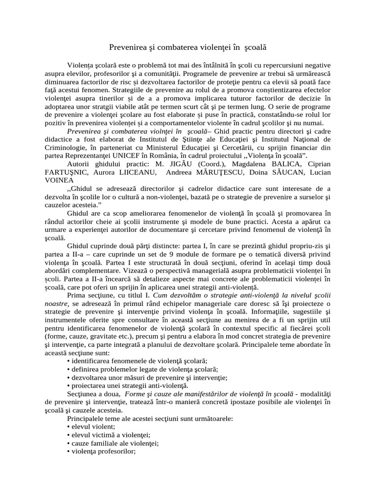 Prevenirea Si Combaterea Violentei in Scoala | PDF