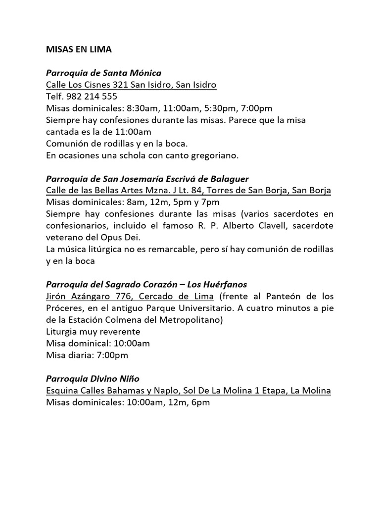 Misas en Lima | PDF | Religión y espiritualidad