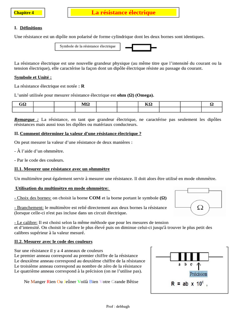 La Resistance Electrique Cours physique1AC 1 | PDF