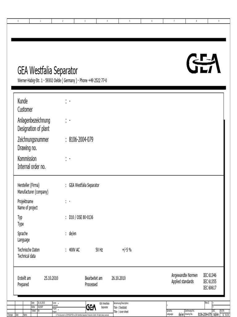 GEA Westfalia Separator:: Kunde Customer - Anlagenbezeichnung ...