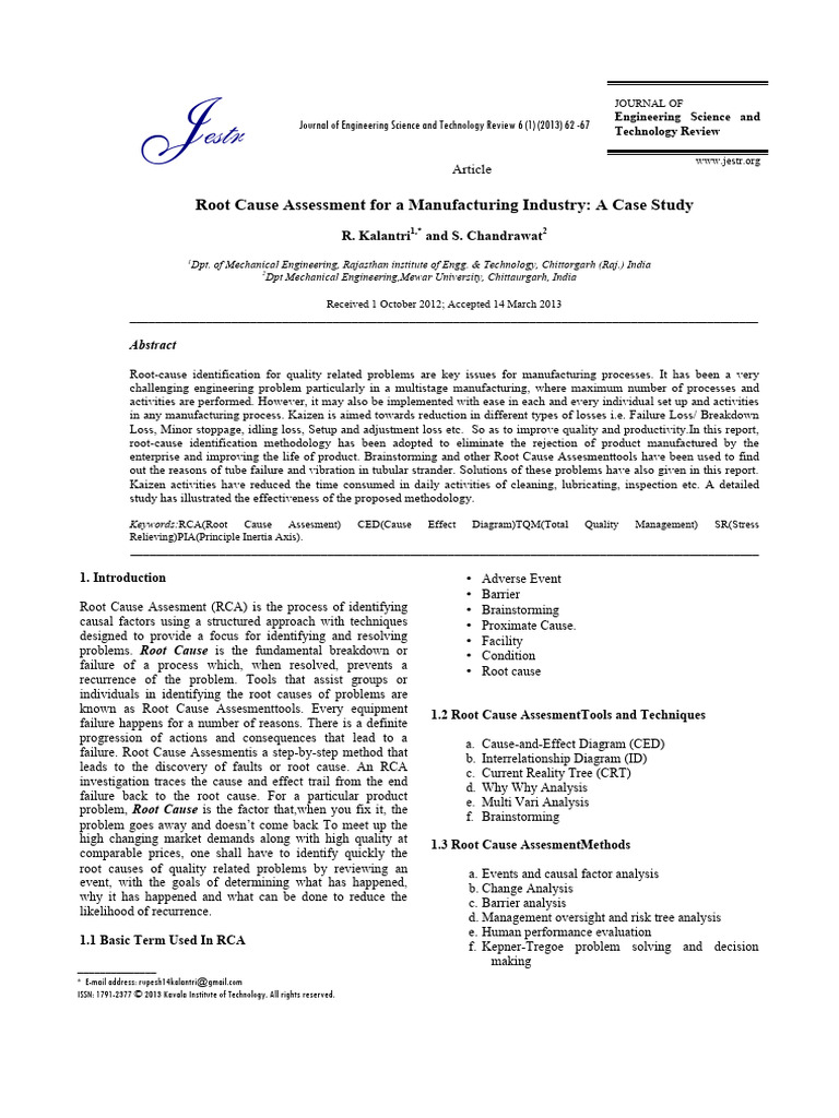 Root Cause Assessment For A Manufacturing Industry | PDF