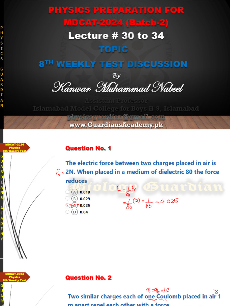8th Weekly Test Discussion Physics MDCAT-2024 (Lectures 30 To 34) | PDF