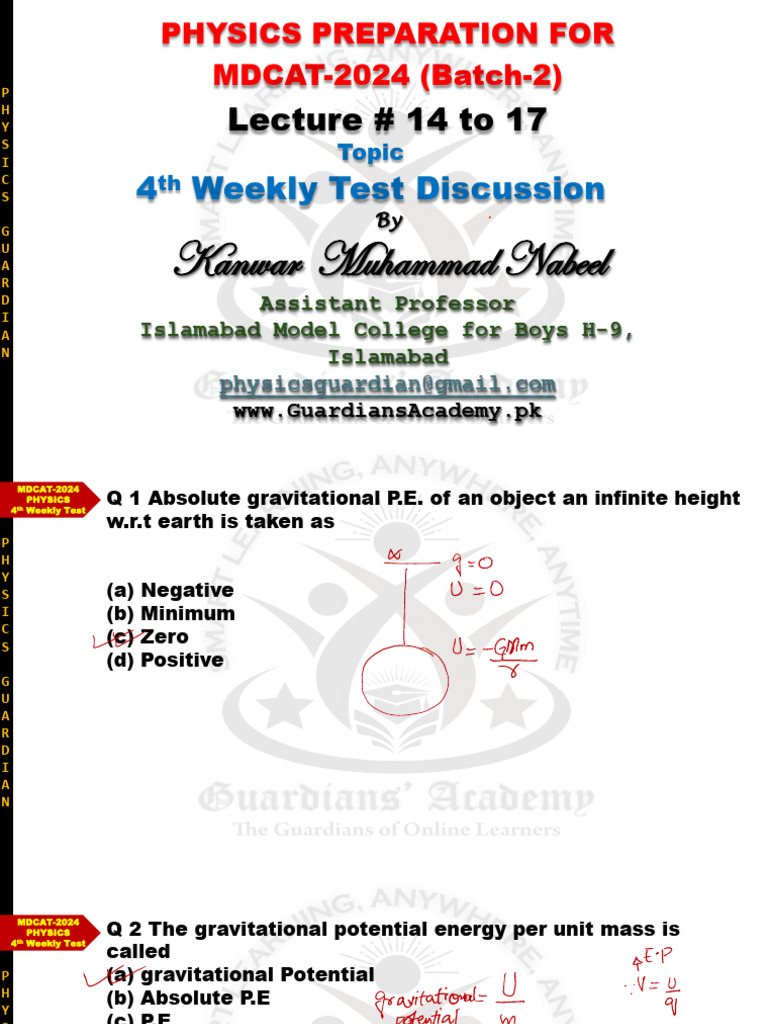 4th Weekly Test Discussion Physics MDCAT-2024 (Lectures 14 To 17) | PDF ...