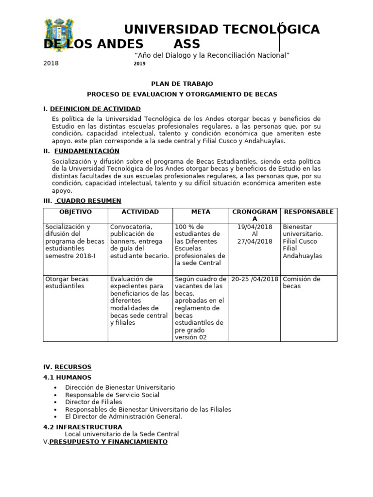 Plan de Trabajo Becas Estudiantiles | PDF