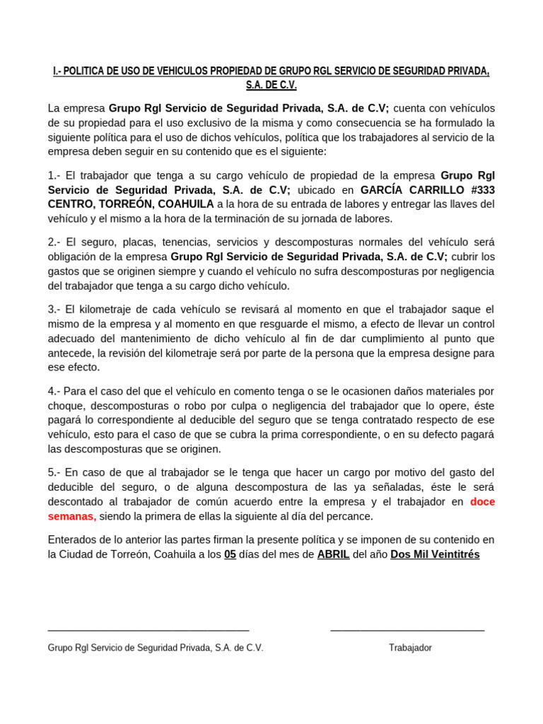 Política de Resguardo Vehicular RGL | PDF