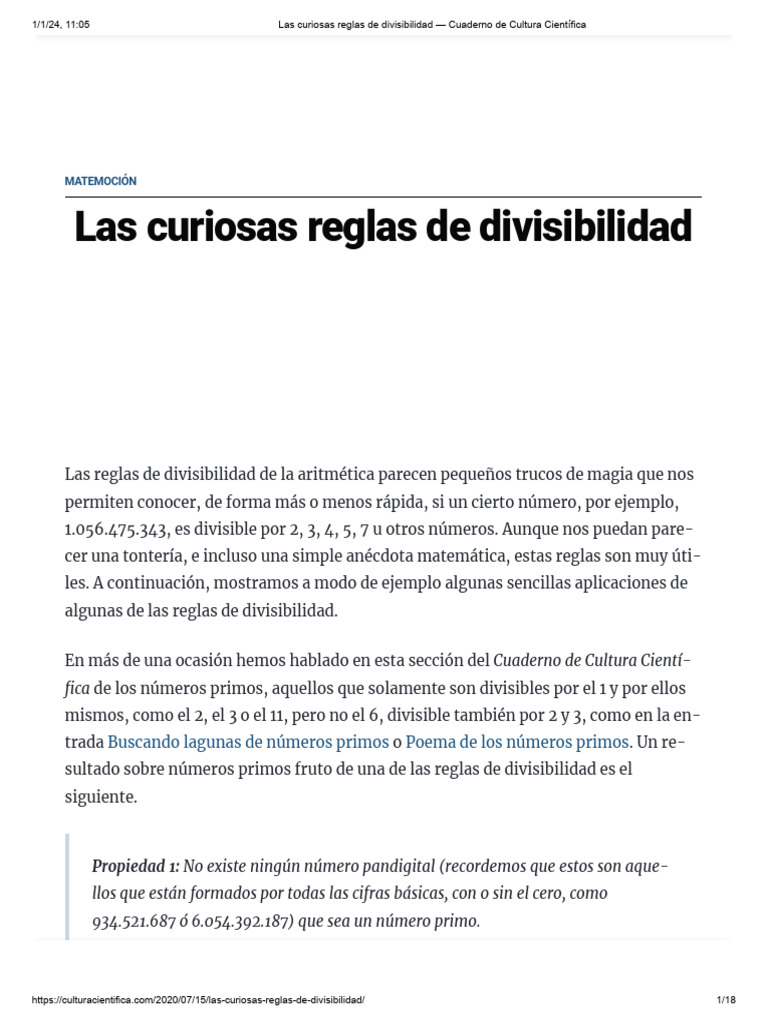 Las Curiosas Reglas de Divisibilidad - Cuaderno de Cultura Científica | PDF