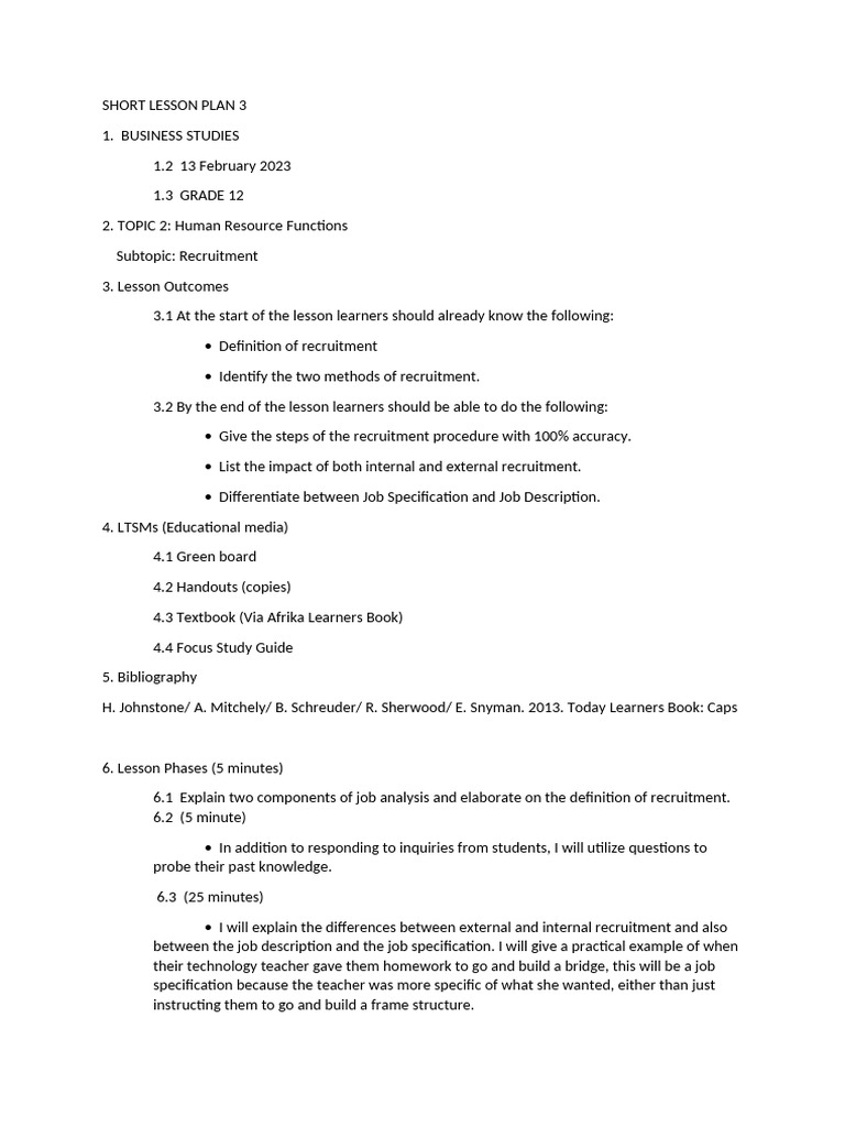 LESSON PLAN - Business Studies | PDF | Recruitment | Computers