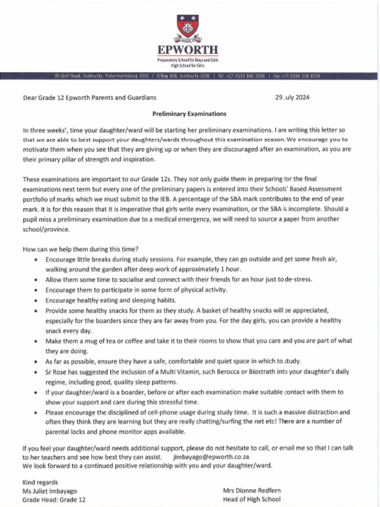 Grade 12 Preliminary Examinations Letter | PDF