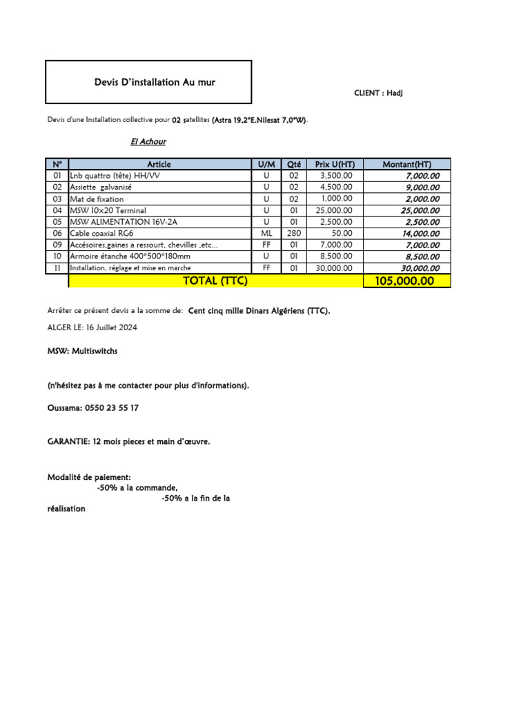 DEVIS D'INSTALLATION Au Mur | PDF