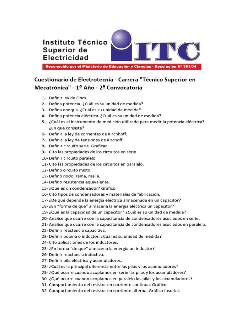 Cuestionario Electrotecnia - TSM | PDF | Electrical Equipment | Technology & Engineering