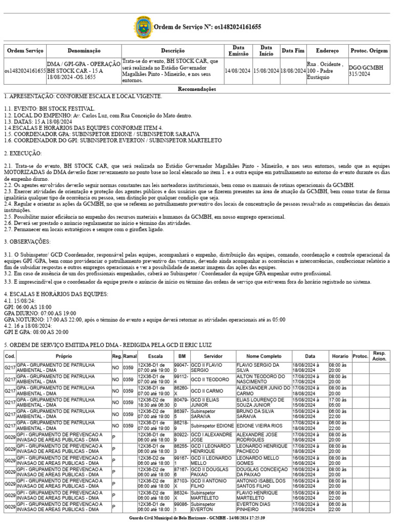 Dma - Gpi-Gpa - Operação BH Stock Car - 15 A 18 - 08 - 2024 - Os.1655 | PDF