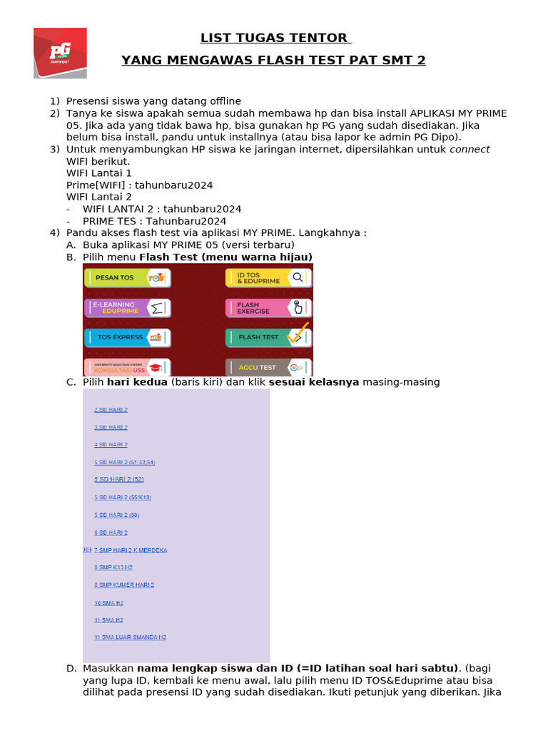 List Tugas Tentor Yang Mengawas Flash Test Pas - Baru H2 | PDF