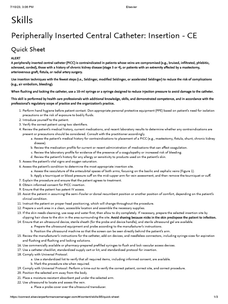 Peripherally Inserted Central Catheter (PICC) Insertion | PDF
