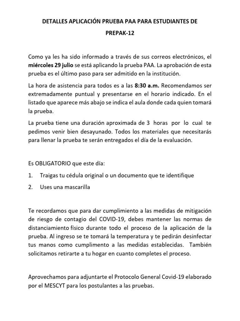 Información Sobre Prueba PAA 29 de Julio | PDF