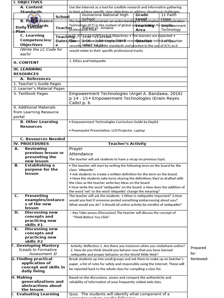 ICT QI L1 DLL Week 4 Netequette | PDF | Learning | Teachers