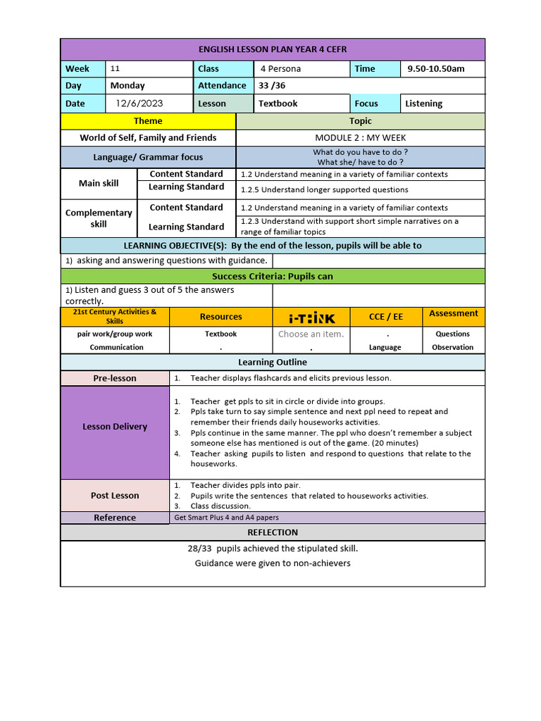 English Lesson Plan Week 11 | PDF
