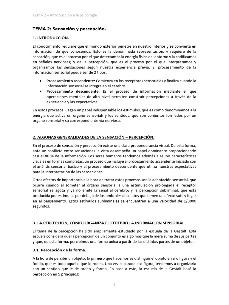 TEMA 2 - Sensación y Percepción | PDF