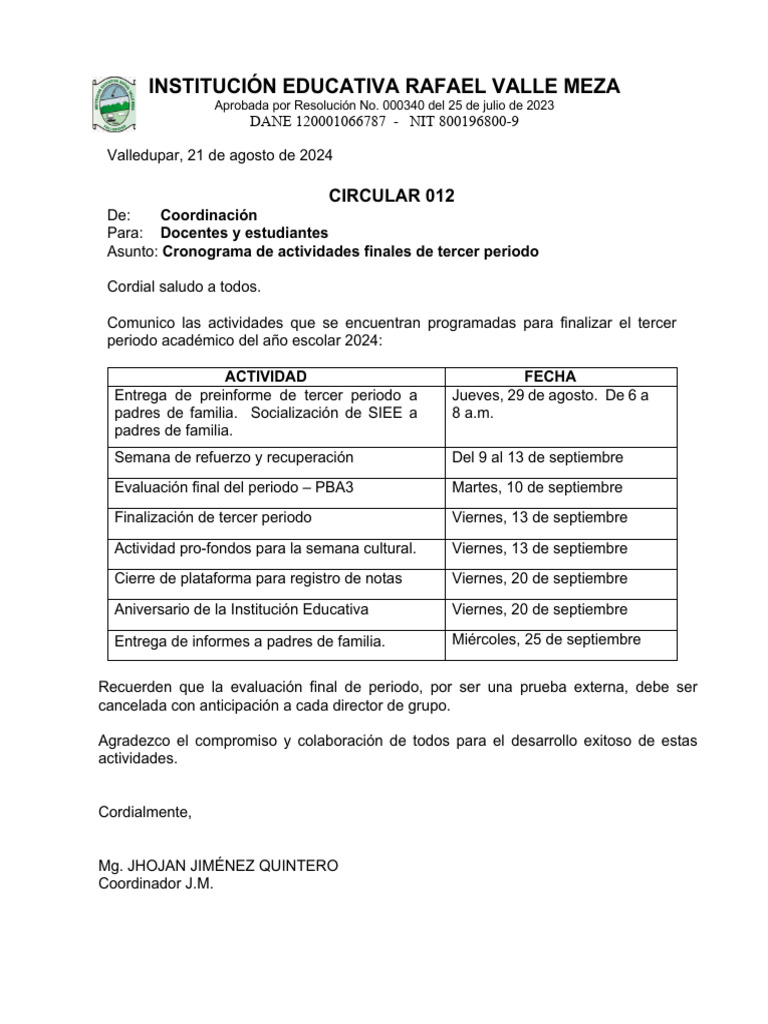 Circular 012 - Actividades finales tercer periodo | PDF