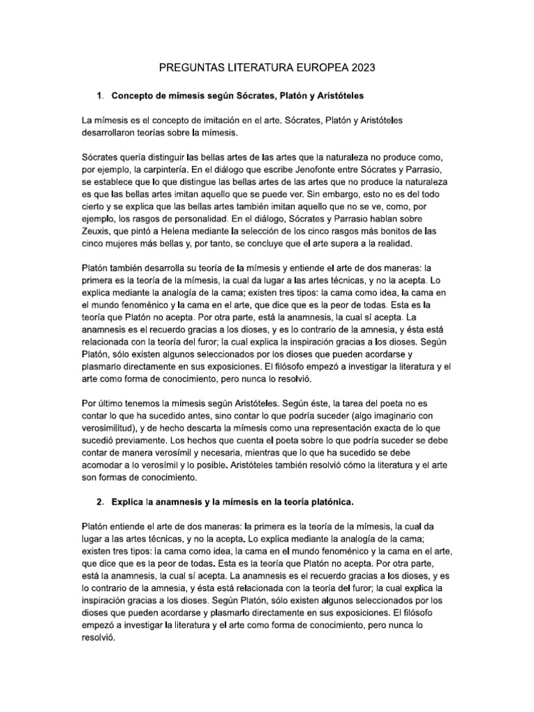 Preguntas Literatura Europea Con Respuestas | PDF
