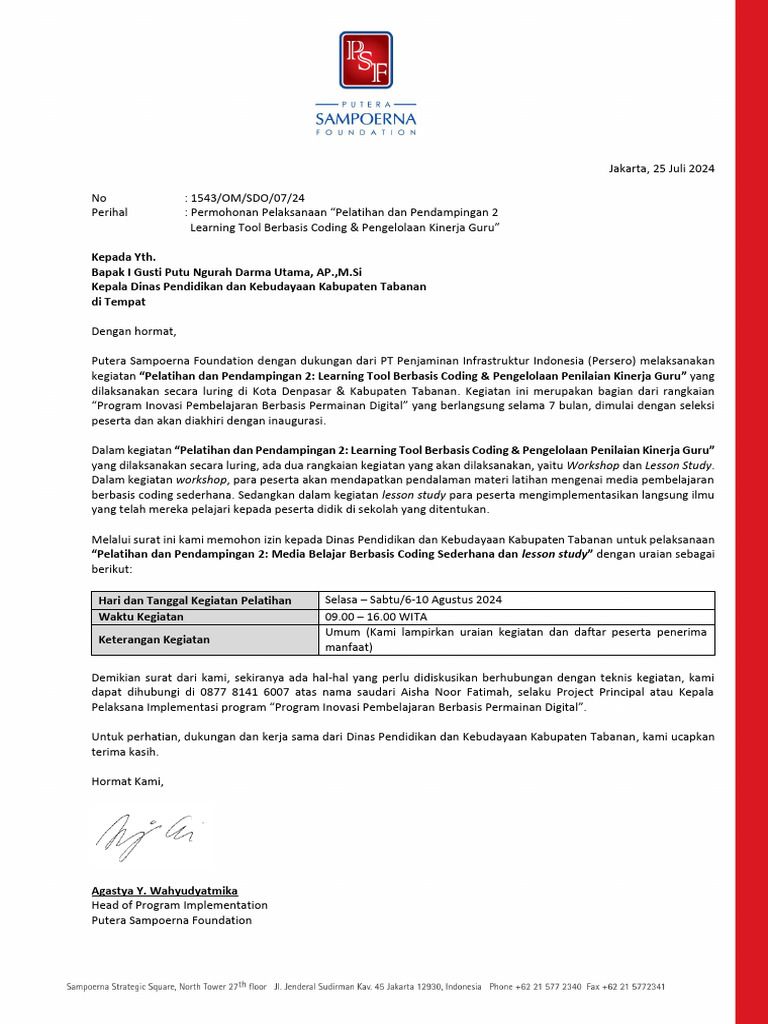 Surat Izin Pelaksanaan Kegiatan Pelatihan & Pendampingan 2 - Luring ...