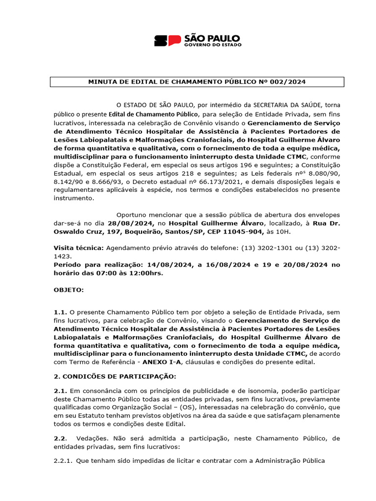 Minuta de Edital de Chamamento Publico n002 2024 | PDF