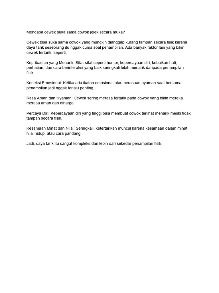 Mengapa Cewek Suka Sama Cowok Jelek Secara Muka | PDF