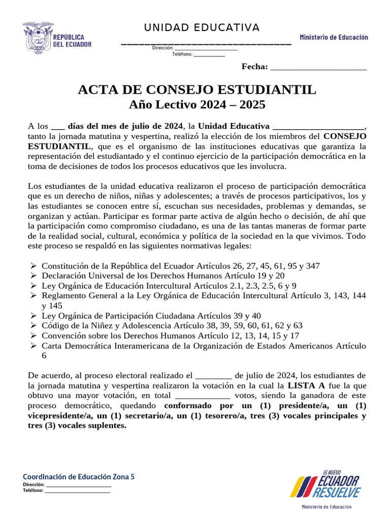 Acta de Consejo Estudiantil 2024-2025 - Video | PDF
