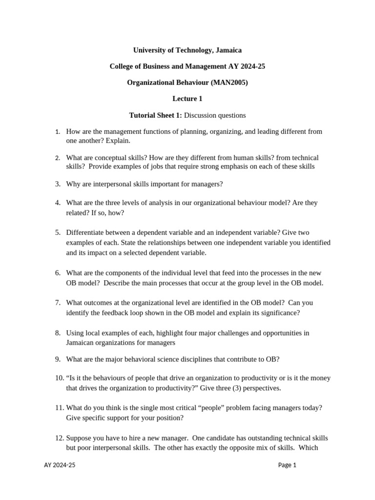 OB Tutorial Sheet 1 AY 24-25 | PDF