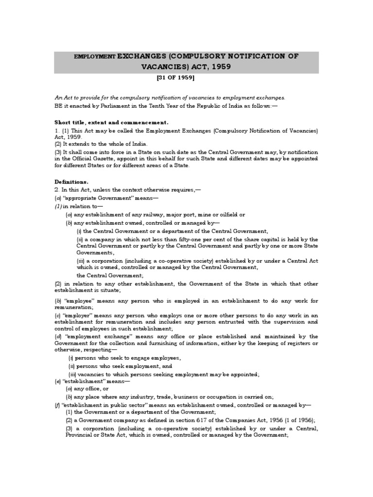 Employment Exchanges - CNV - Act 1959 | PDF | Government Of India ...
