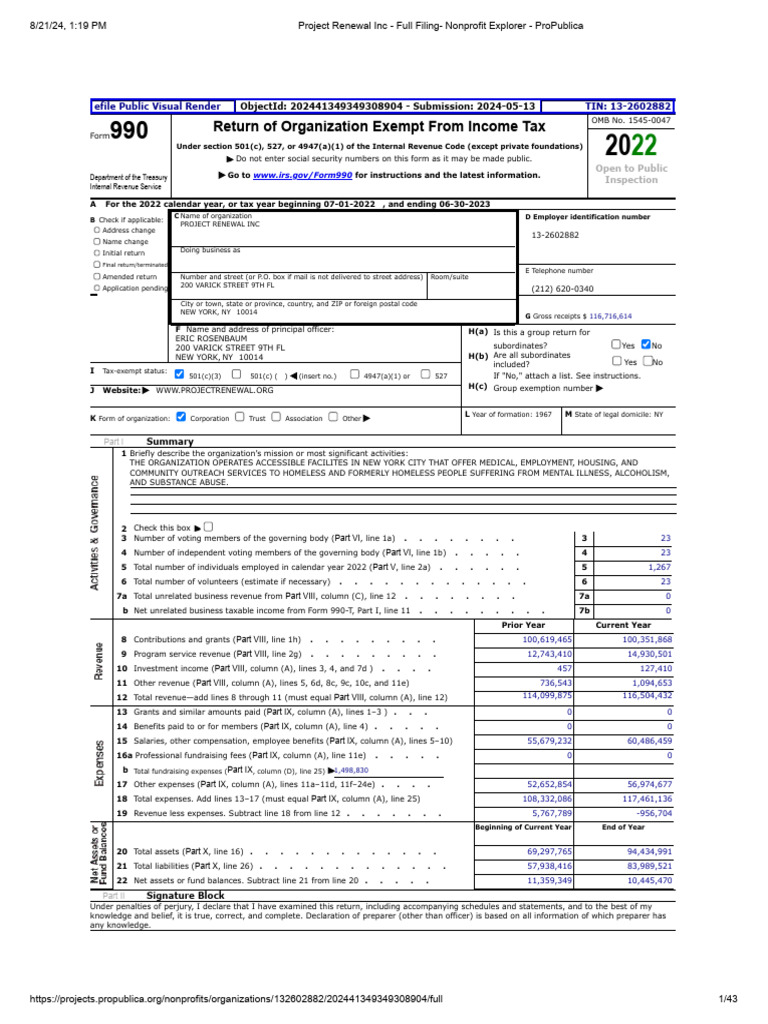 Project Renewal 990 | PDF | Irs Tax Forms | 501(C) Organization