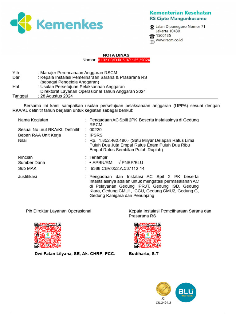 20240828163825template NOTA Dinas UPPA Pengadaan AC Split 2 PK | PDF