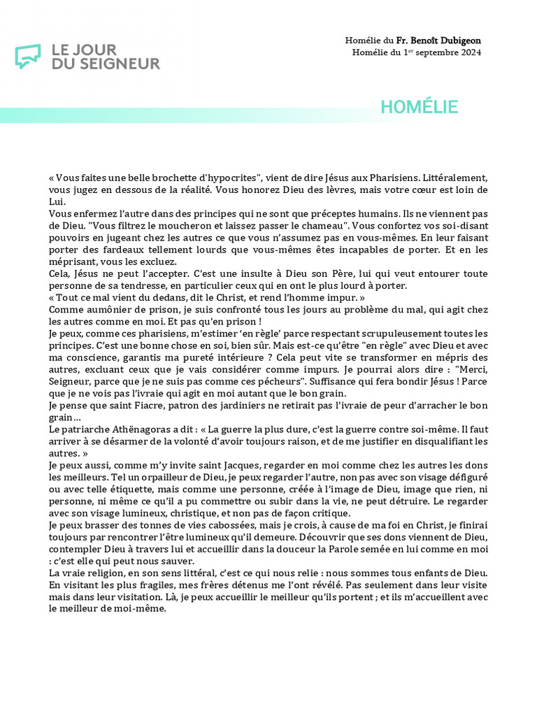 Homélie De La Messe Du 1er Septembre 2024 Pdf