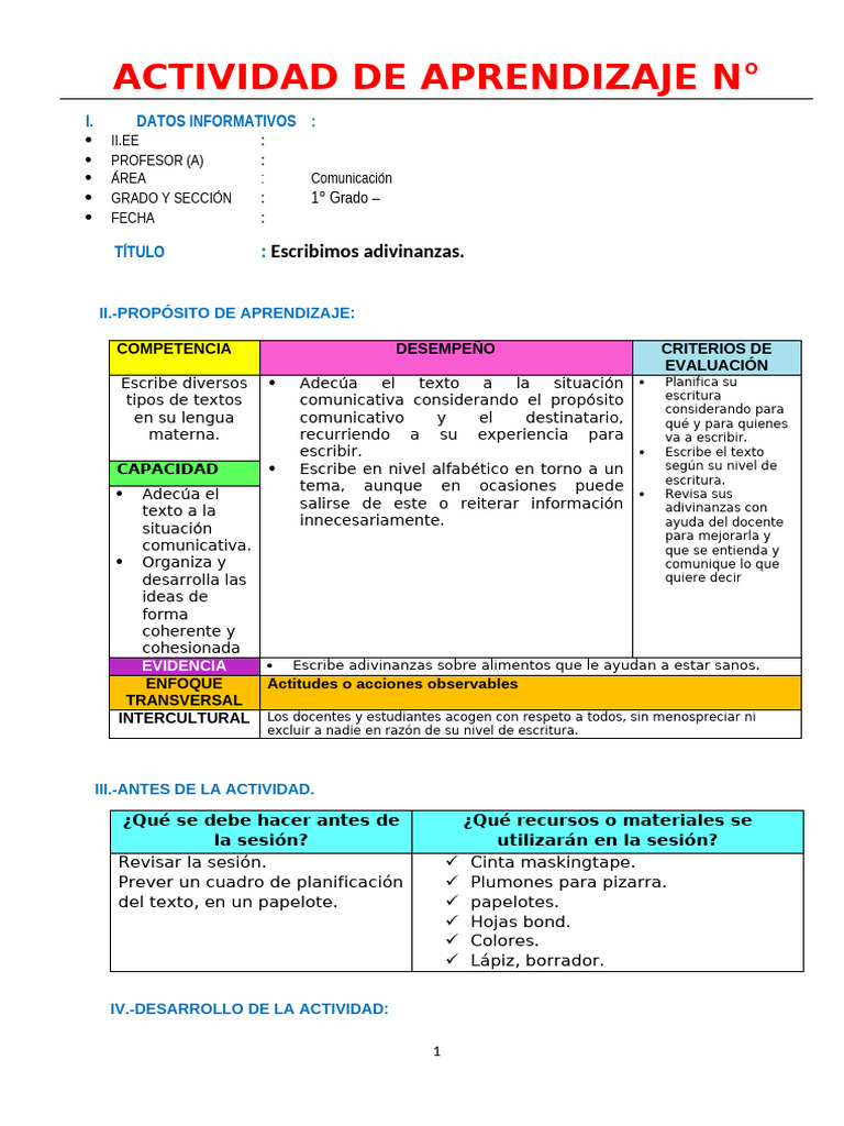 Sesión Escribimos Adivinanzas | PDF | Evaluación