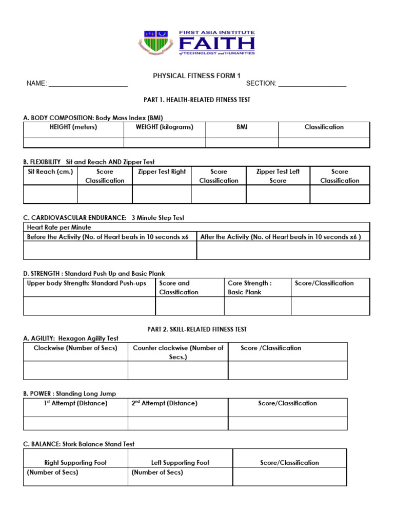 Physical Fitness Test Form 1 | PDF