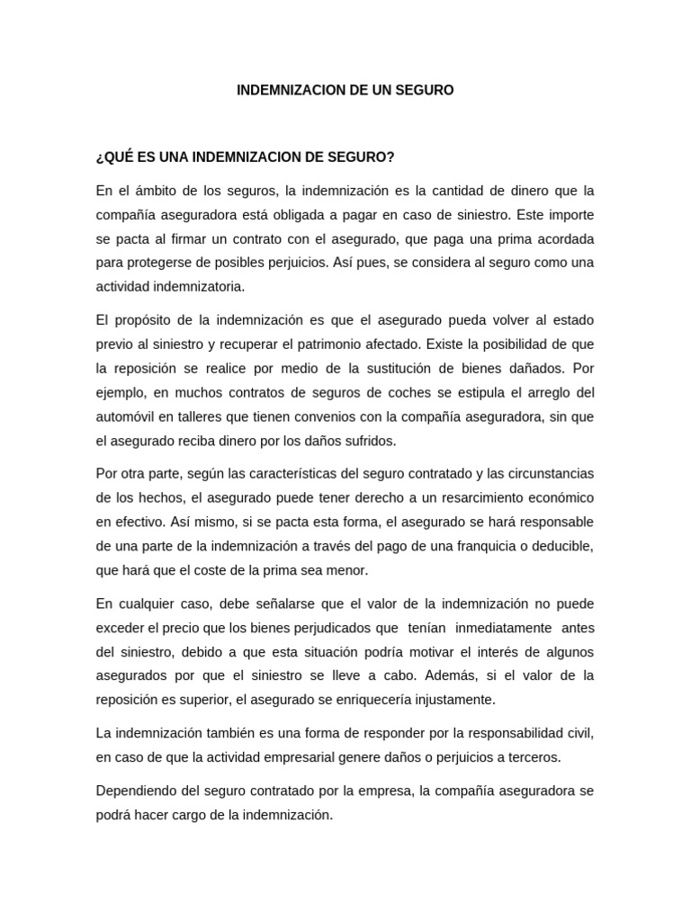 Indemnizacion De Un Seguro Pdf