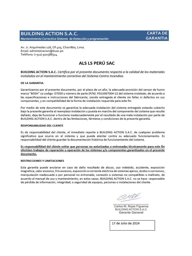 Carta de Garantia BUAC - Sensor de Humo | PDF | Tecnología
