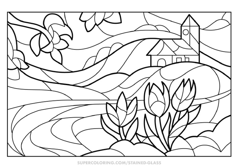 Spring Scene Stained Glass Coloring Page | PDF