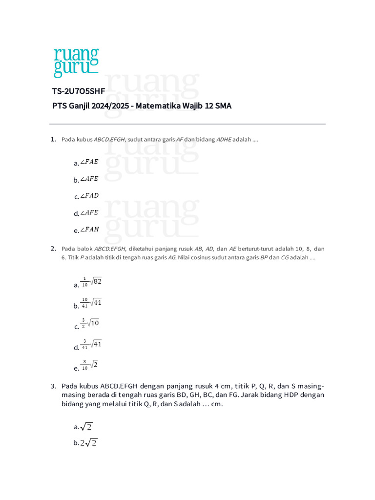 PTS Ganjil 2024 - 2025 - Matematika Wajib 12 SMA | PDF