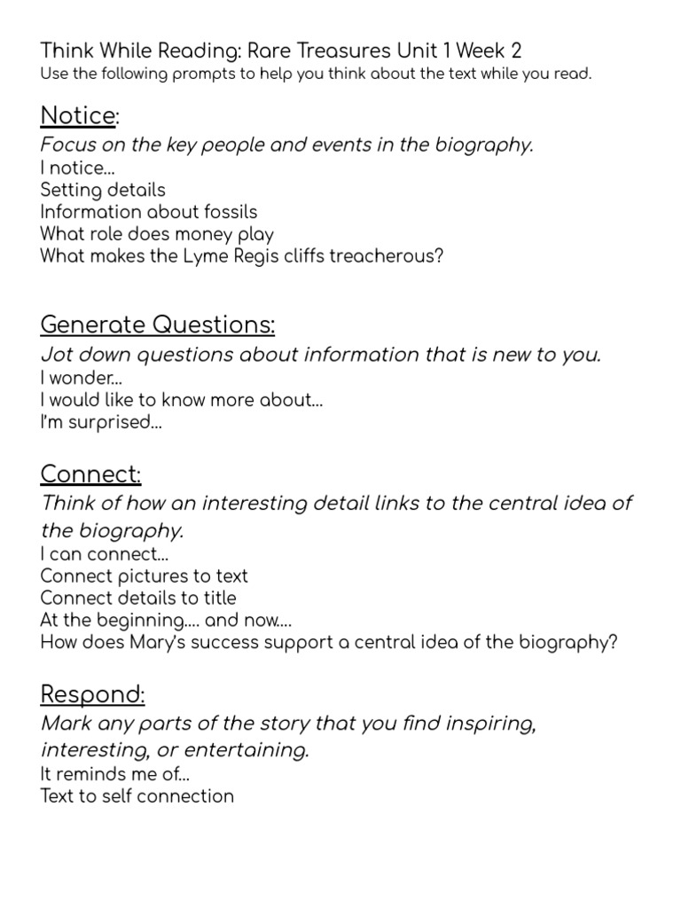 Notice: Think While Reading: Rare Treasures Unit 1 Week 2 | PDF
