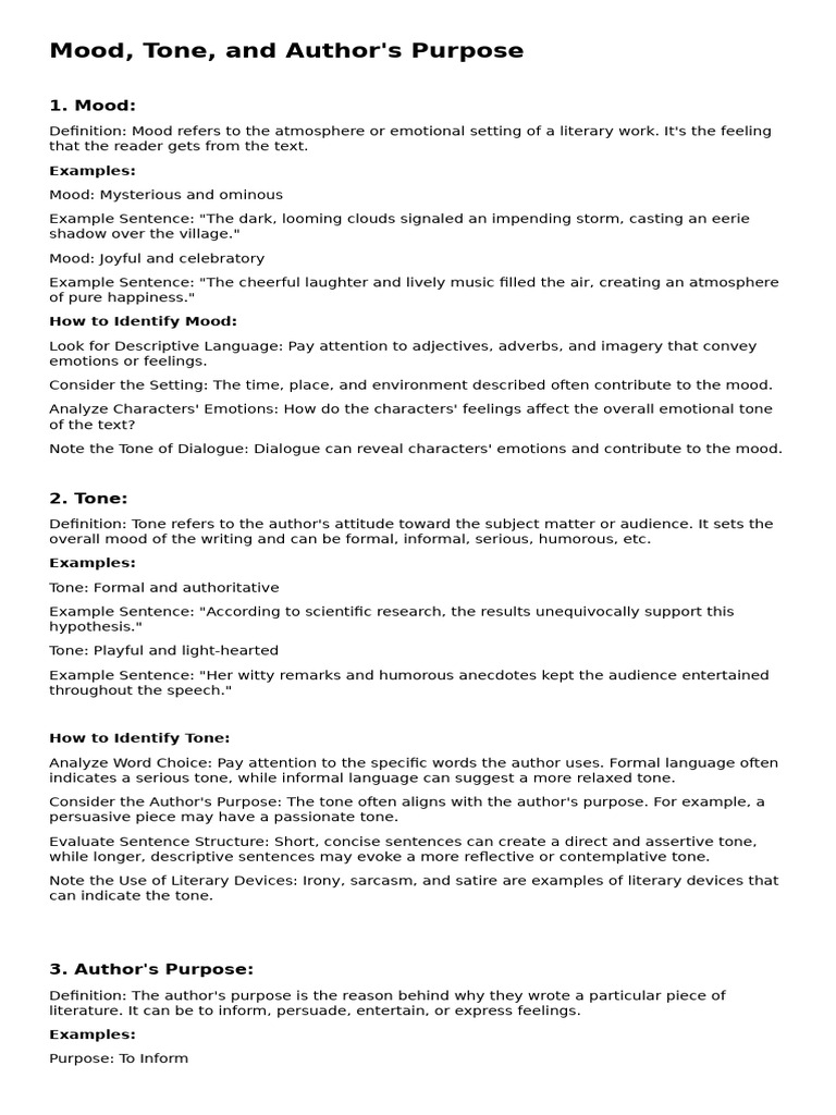 Mood, Tone and Author's Purpose Learning Pack | PDF | Mood (Psychology ...