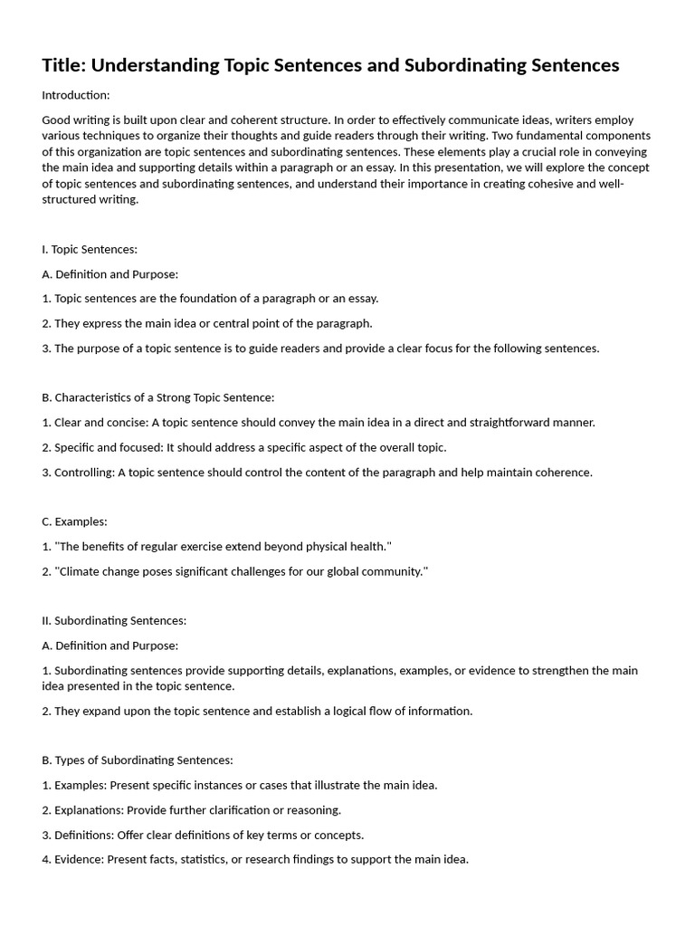 Worksheet Topic Sentence and Subordinating Sentences | PDF | Idea ...