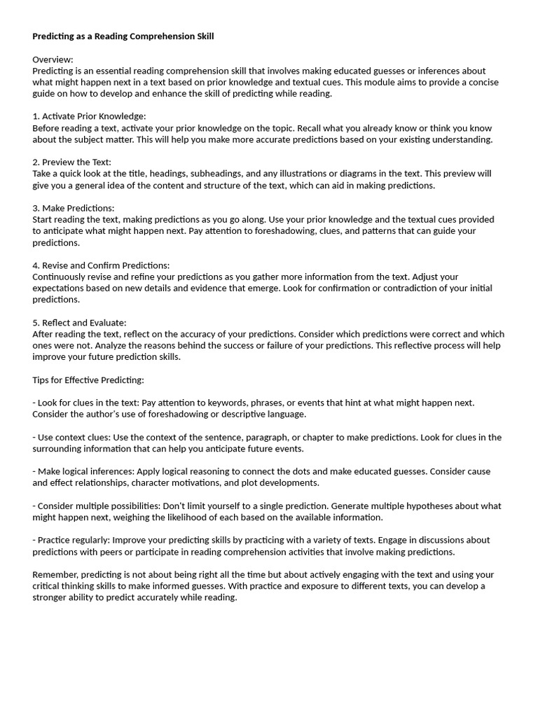 Predicting As A Reading Comprehension Skill | PDF | Reading Comprehension | Prediction