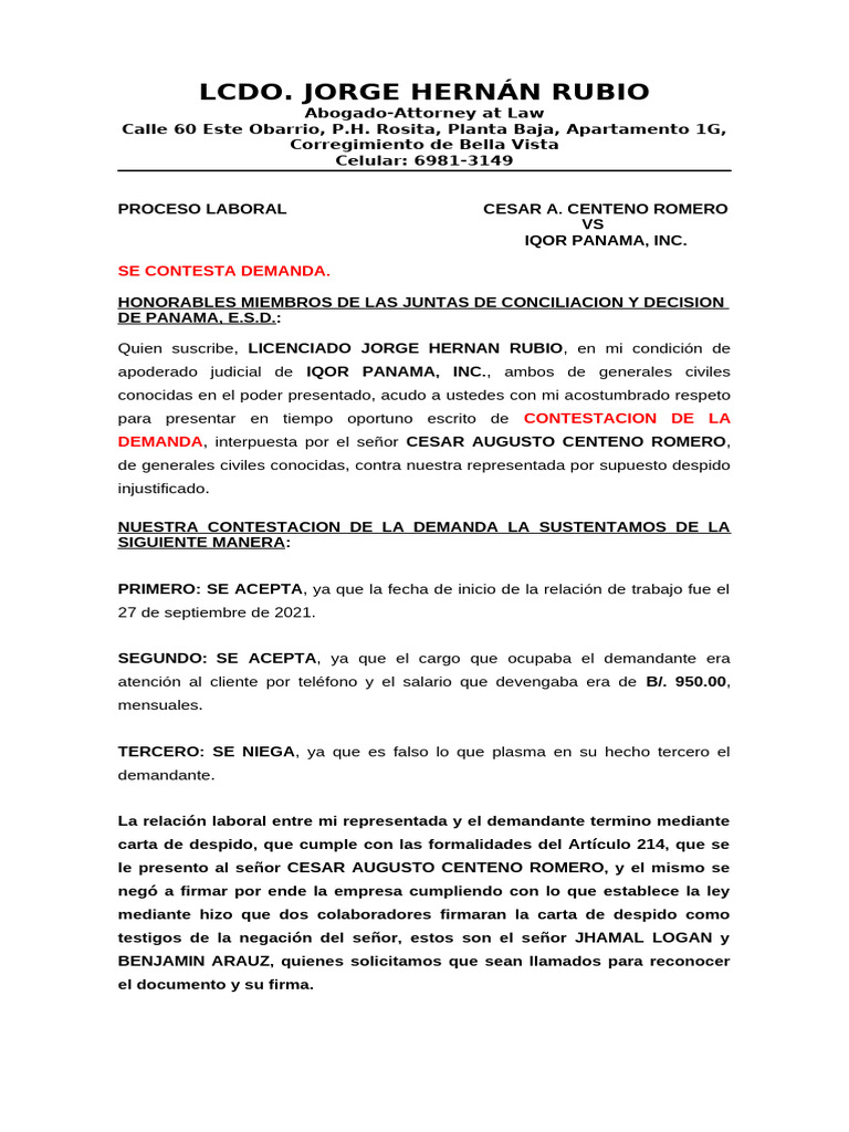 Se Contesta Demanda Cesar Centeno - Vs - IQOR | PDF