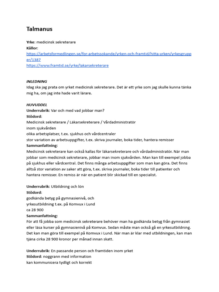 Elevexempel - Talmanus Om Yrke | PDF