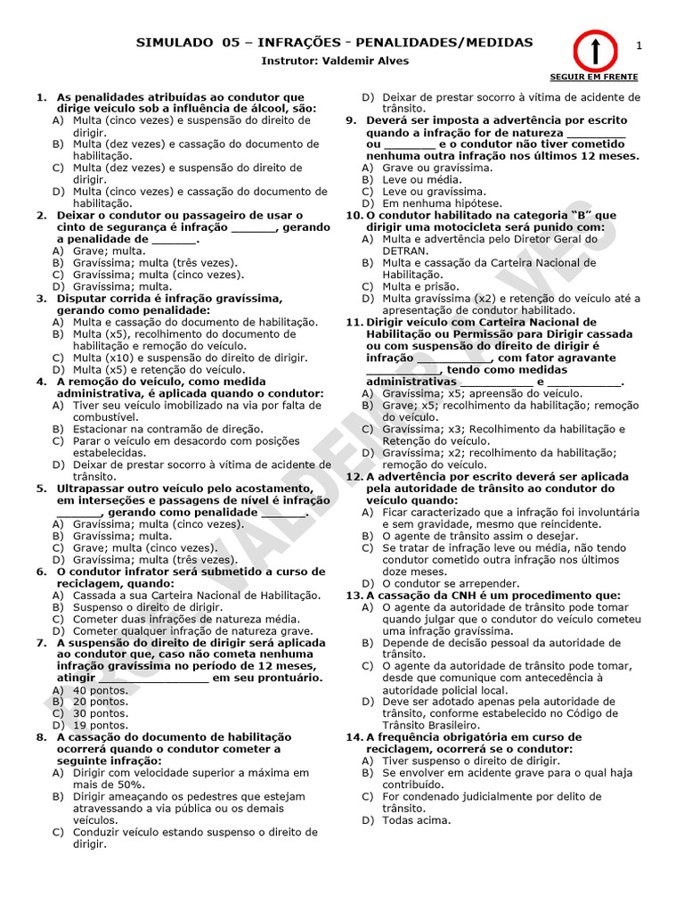 Simulado 05 Infração (Penalidades e Medidas Administrativas) - (Aluno ...