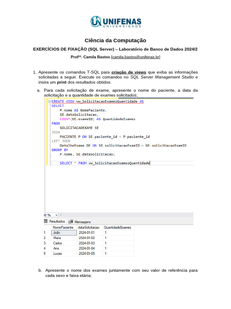 Exercícios - SQL Server UniLabsss | PDF