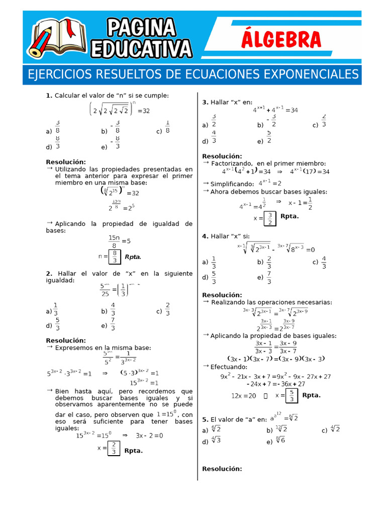 Ejercicios Resueltos de Ecuaciones Exponenciales Pagina Educativa | PDF